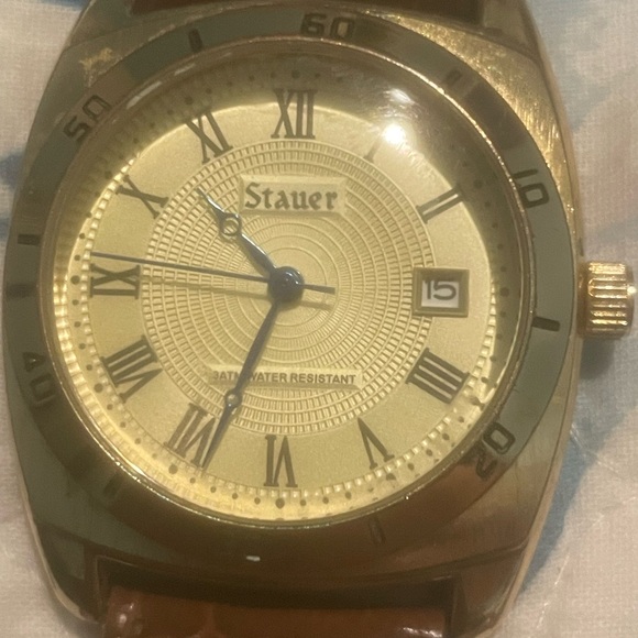 Accessories | Stauer Gold And Brown Watch Needs Battery | Poshmark
